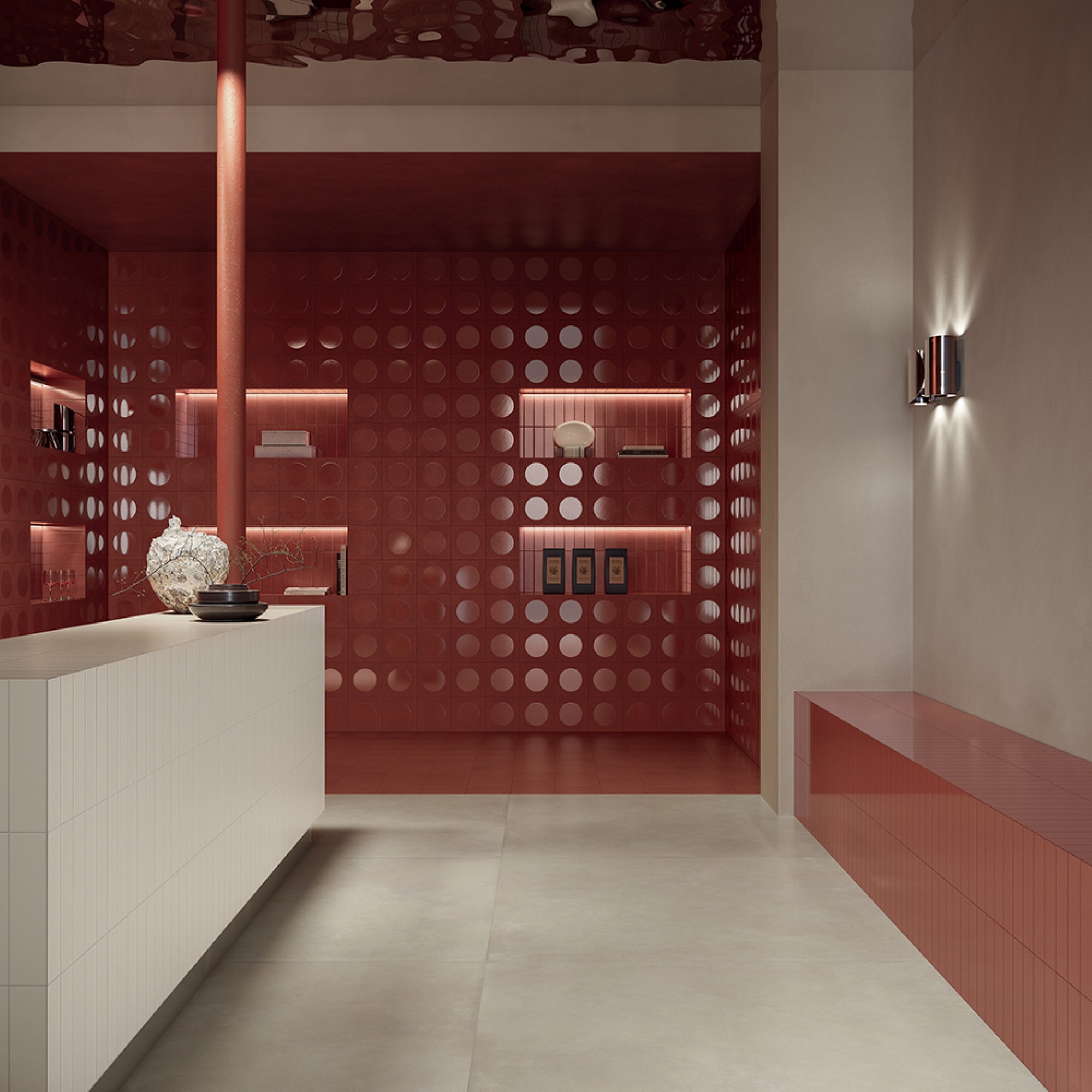 Iridian Red Matte/Glossy Mix 8"x8" Bubble Deco Red Porcelain Tile | GENROSE