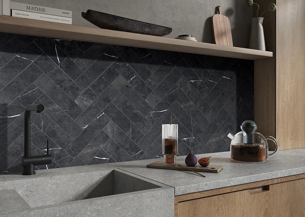 Piazza Nero Marquina Matte 3"X12 Porcelain Tile | GENROSE