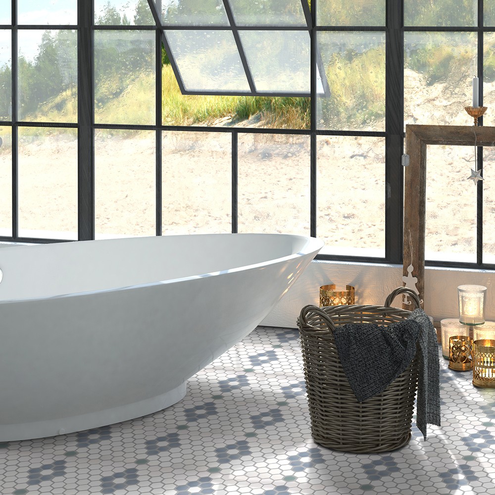 Seashore Seafoam White Matte Hexagon Pattern Mosaic Ceramic Tile | GENROSE