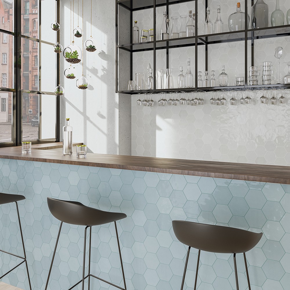 Shadow Hex Aqua Glossy 4"x5" Hexagon Ceramic Tile | GENROSE