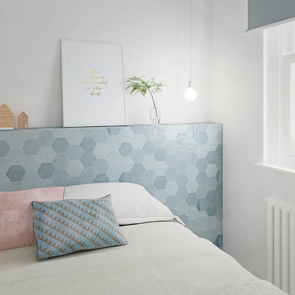 Shadow Hex Aqua Glossy 4"x5" Hexagon Ceramic Tile | GENROSE