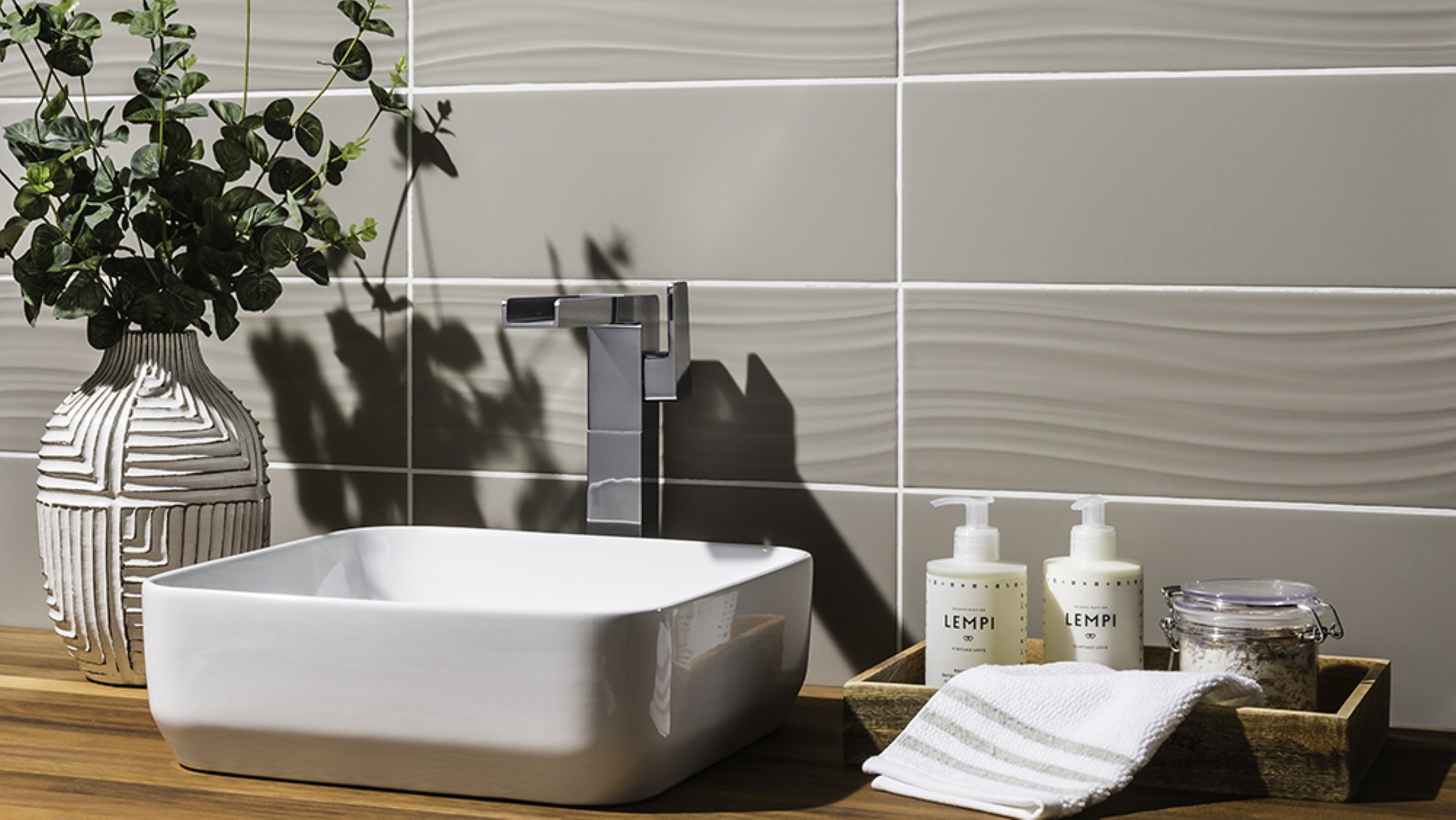 Tonbridge Latte Satin 6"x16" Wall Wave Deco Latte Ceramic Tile | GENROSE